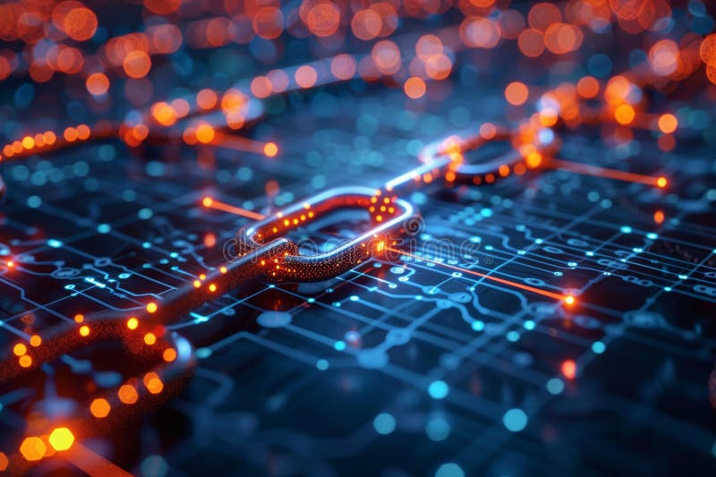 Digital Blockchain Network With Glowing Links And Circuits Stock Illustration Illustration Of