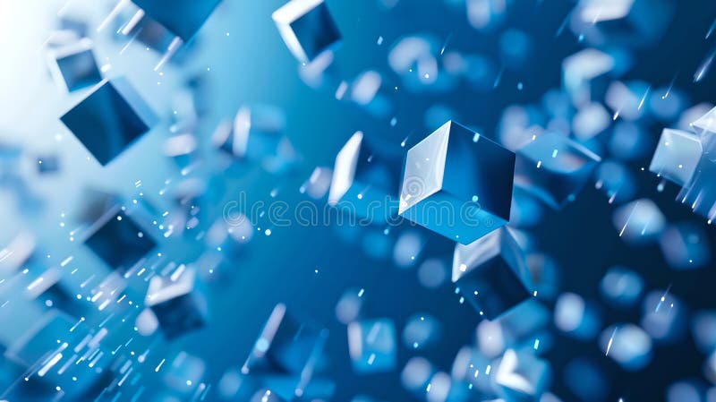 Abstract Cubes Floating on a Digital Blue Background. Futuristic ...