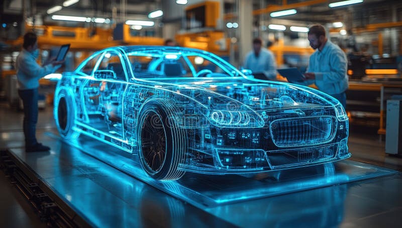A Digital Blue 3D Car Model on a Platform in an Auto Factory Stock ...