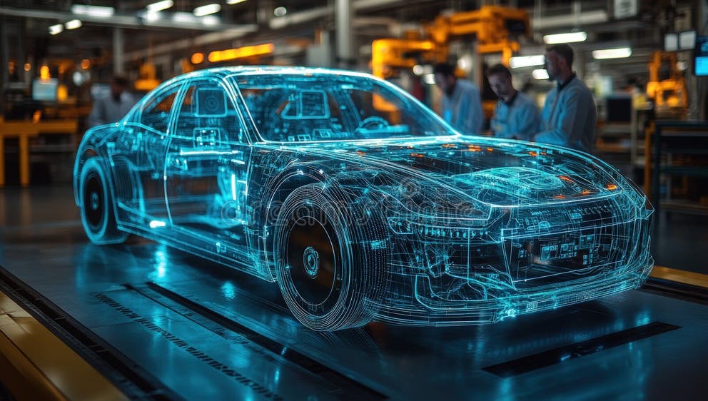 A Digital Blue 3D Car Model on a Platform in an Auto Factory Stock ...