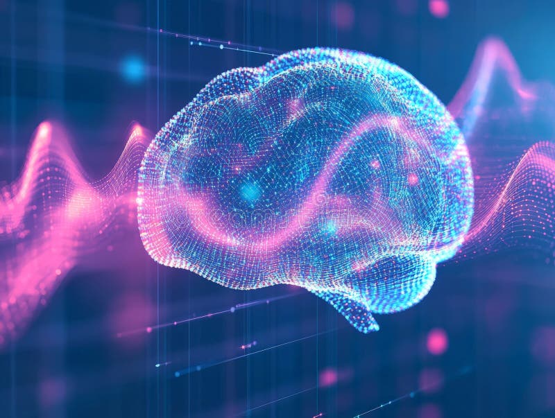Digital Blue Glowing Brain with Pulsating Pink EEG Waveforms Symbolizing Data Driven Cognitive ...