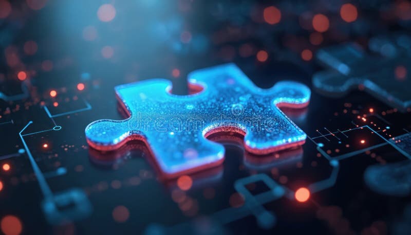 Digital Blue Glowing Jigsaw Puzzle Hologram. Successful Collaboration ...
