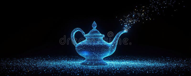 Digital Blue Magic Lamp with Sparkling Particles on Black Background ...
