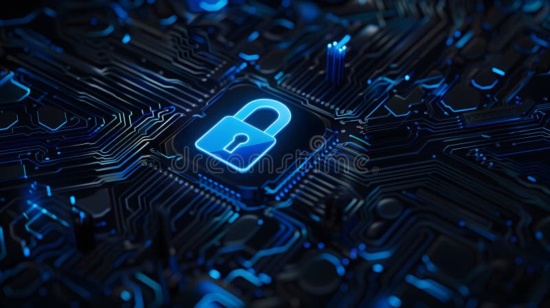 Digital Blue Padlock Icon on Black Chip Background, Data Protection ...