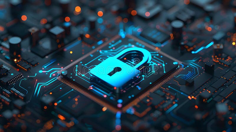 Digital Blue Padlock Icon on Computer Chip Background, Data Protection ...