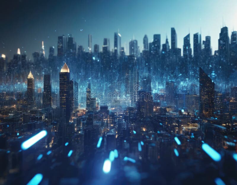 Digital Blue Particles Glowing City Abstract Graphic Poster Web Page ...