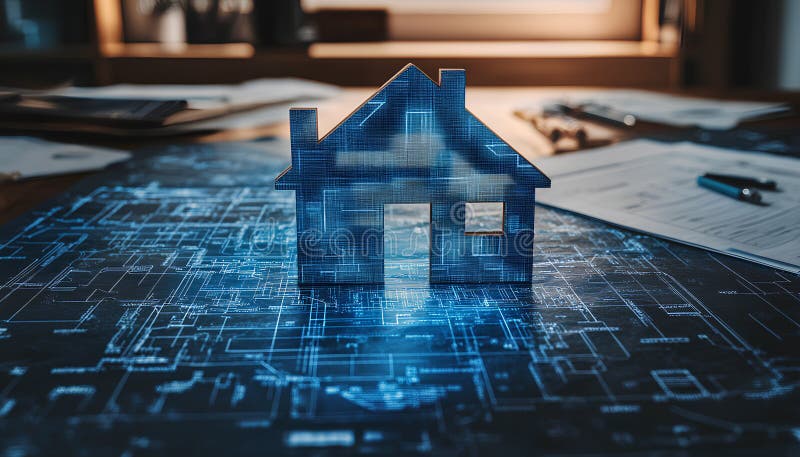 Digital Blue Prints of a House on a Table in Puzzel Shape, with Some ...