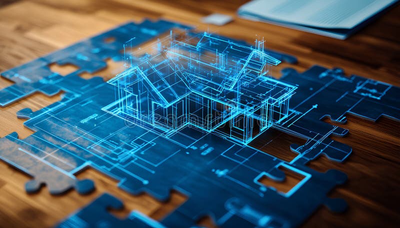 Digital Blue Prints of a House on a Table in Puzzel Shape, with Some ...