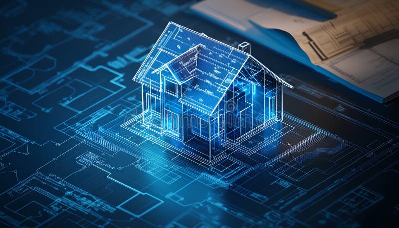 Digital Blue Prints of a House on a Table in Puzzel Shape, with Some ...