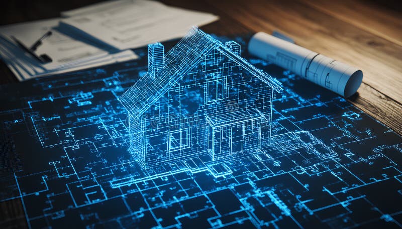 Digital Blue Prints of a House on a Table in Puzzel Shape, with Some ...