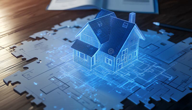 Digital Blue Prints of a House on a Table in Puzzel Shape, with Some ...