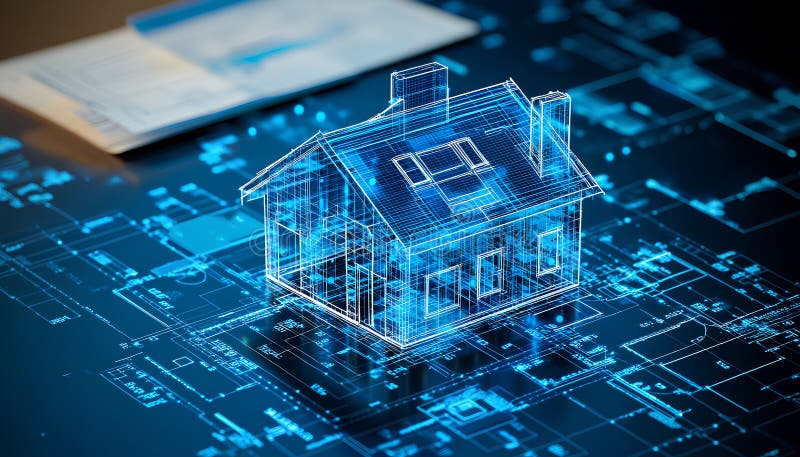 Digital Blue Prints of a House on a Table in Puzzel Shape, with Some ...