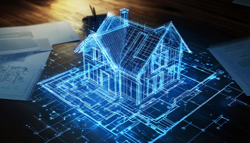 Digital Blue Prints of a House on a Table in Puzzel Shape, with Some ...