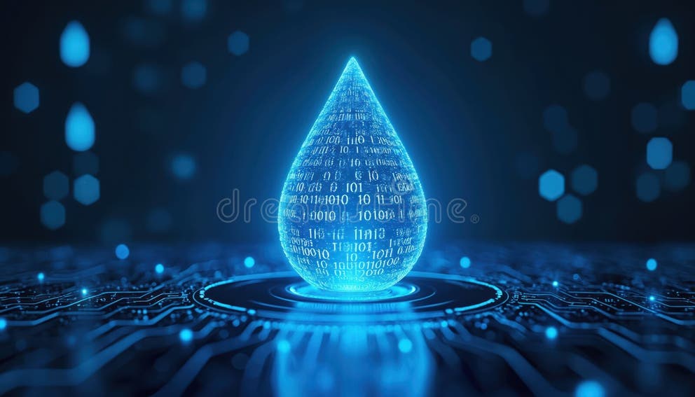 Digital Blue Water Drop Icon Filled with Binary Code. Artificial ...