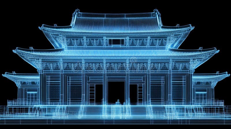 Digital Blueprint Architectural Outline of Traditional Eastern Temple ...