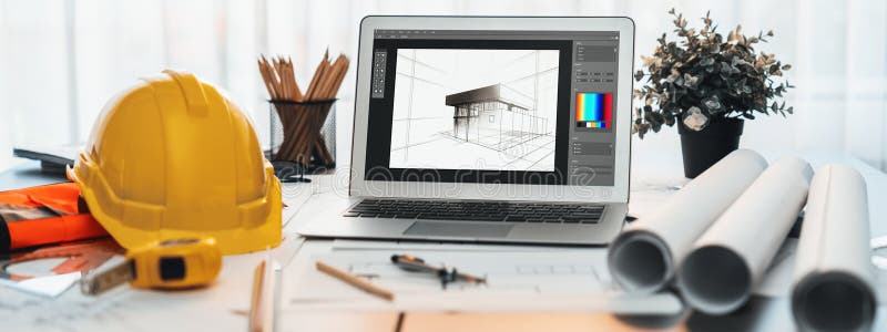 Digital Blueprint by Architecture Design Software on Laptop Screen ...