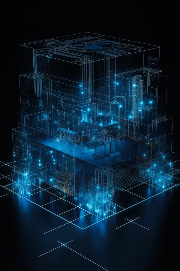 Digital Blueprint of Building is Lit Up in Blue Stock Photo - Image of ...