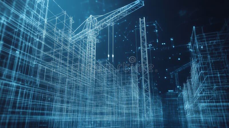 Digital Blueprint of a Building Under Construction with Cranes ...