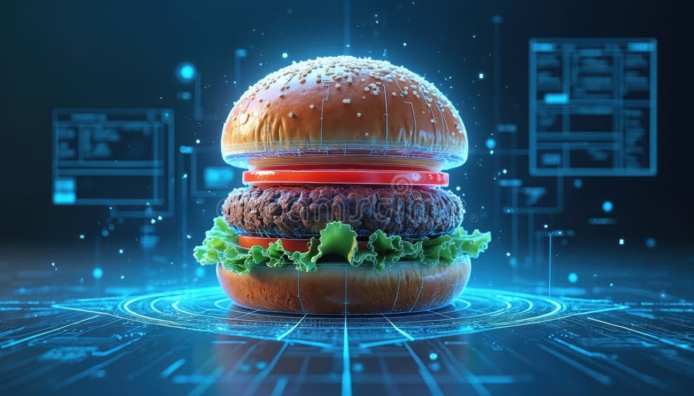 Digital Blueprint of Burger on Tech Background. Food Concept with ...