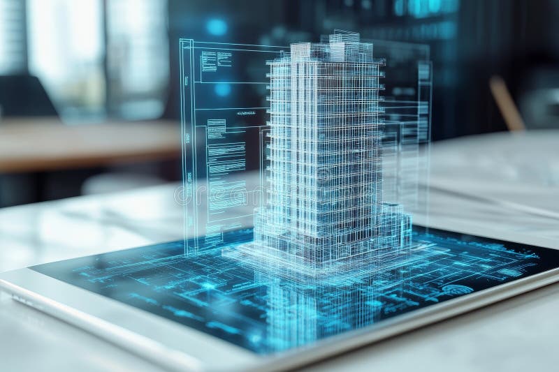 Digital Blueprint and 3d Model of a Skyscraper on a Tablet with a ...