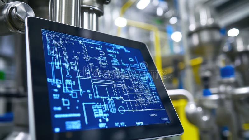 Digital Blueprint Displayed on a Tablet in a Factory Setting Stock ...
