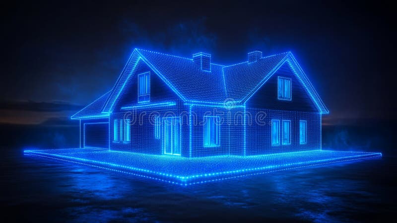 Digital Blueprint Futuristic Wireframe House Model Glowing on Dark ...