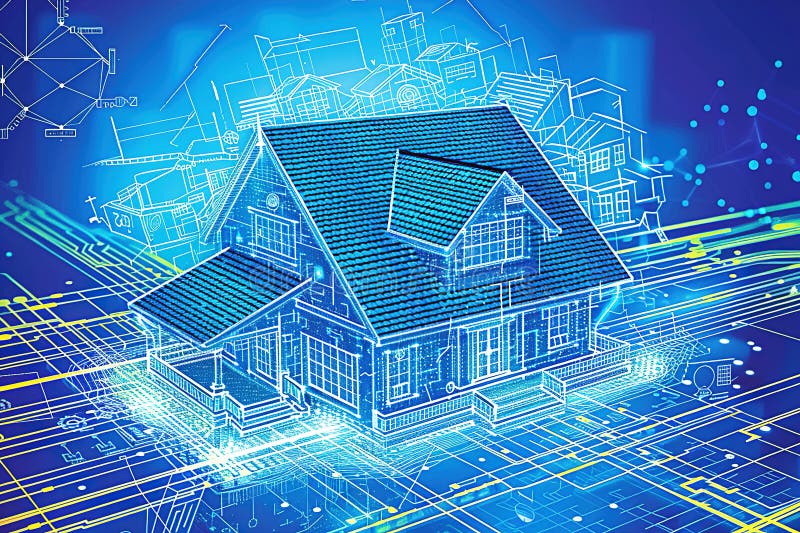 Digital Blueprint of a House Showcasing Modern Technology and Smart Home Integration Stock Image ...