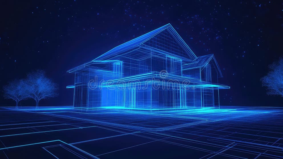 Digital Blueprint of House with Wireframe Architecture Construction ...