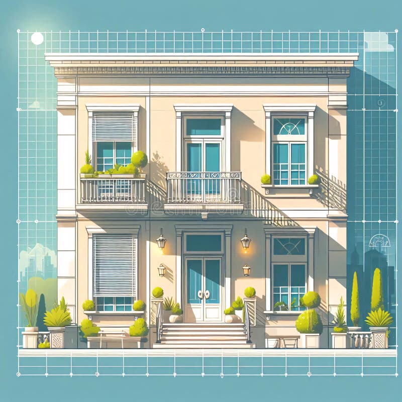 Digital Blueprint of a Modern House with Detailed Design Elements Stock ...