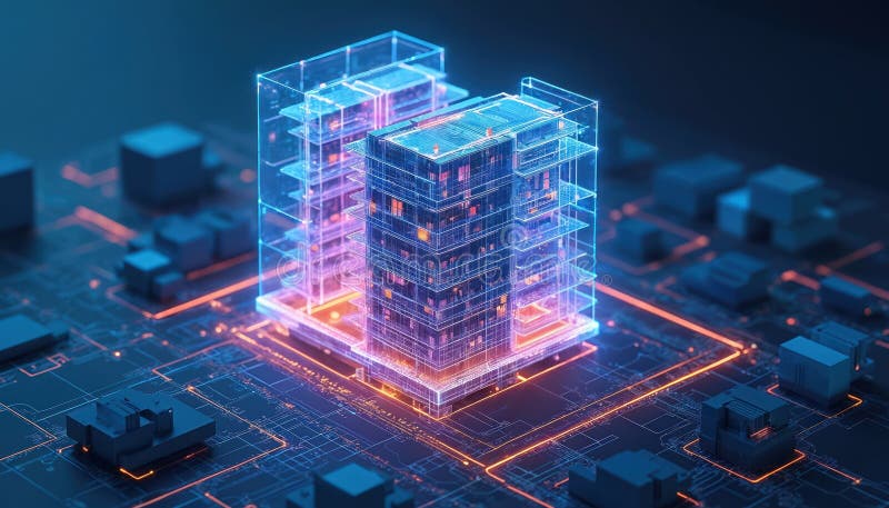 Digital Blueprint of Office Building with Holographic Elements. Innovative Tech Behind ...