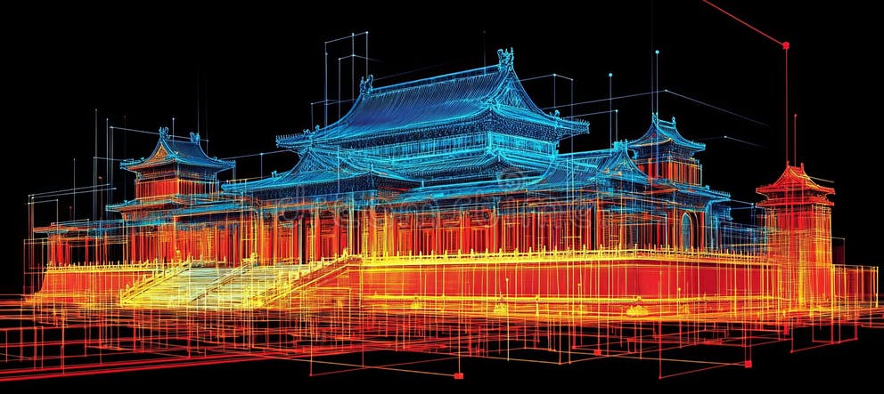 Digital Blueprint of an Ornate Traditional Eastern Temple Structure ...