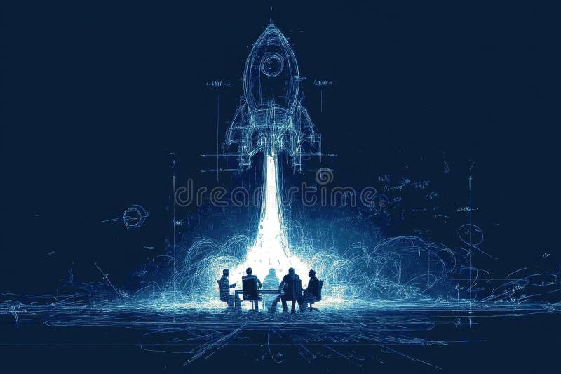 Digital Blueprint of a Rocket with Teams Collaborating in a Creative ...