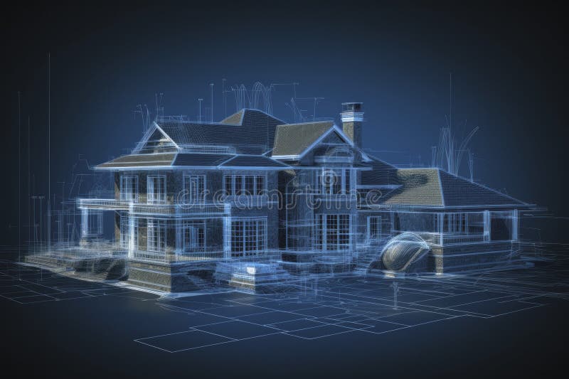 Digital Blueprint of Suburban House Construction Stock Image - Image of ...