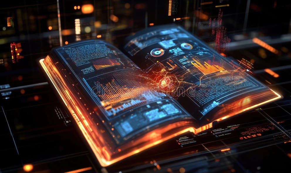 Digital Book with Data Visualizations and Graphs, Glowing Interface Elements Stock Image - Image ...