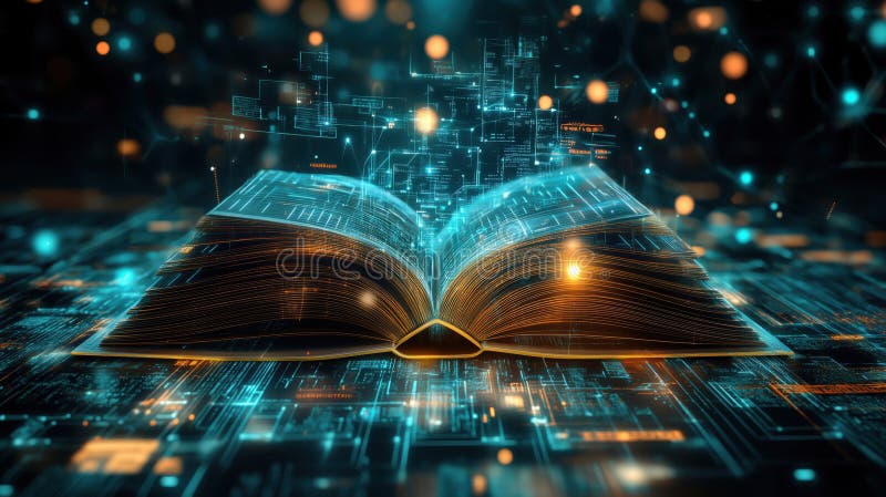 Digital Book with Glowing Circuits and Data Streams, Futuristic ...