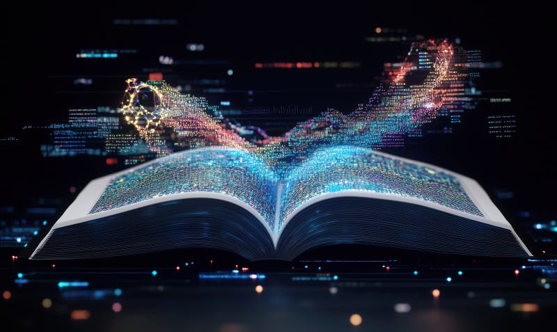 Digital Book with Glowing Data Streams and Holographic Effects Stock ...