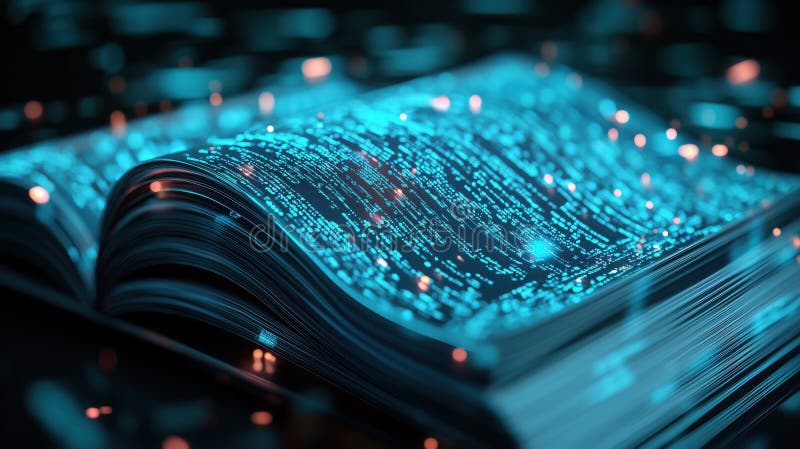 Digital Book Glowing with Data Streams, Symbolizing Knowledge and Technology Stock Illustration ...