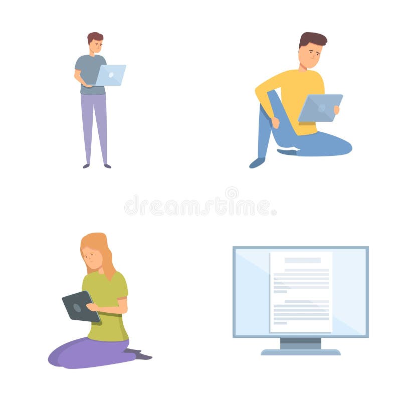 Digital Book Icons Set Cartoon Vector. People Reading Book in Online ...