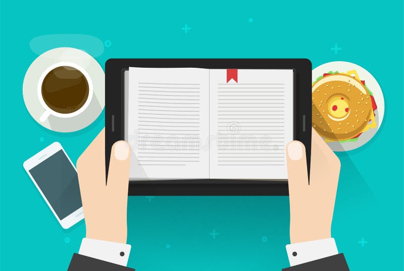 Digital Book Reading Man, Electronic Notebook Reader on Tablet Computer ...