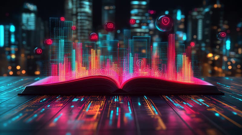A Digital Book with Vibrant Data Visualization in a Futuristic Urban ...