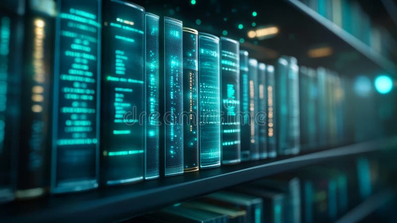 Digital Bookshelf with Glowing Data and Codes Stock Illustration - Illustration of cyber, scifi ...