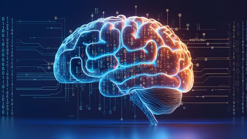Digital Brain: AI Interface with Binary Code and Neural Networks Connection Stock Illustration ...