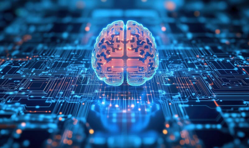 Digital Brain with Circuit Patterns, Glowing Blue and Orange ...
