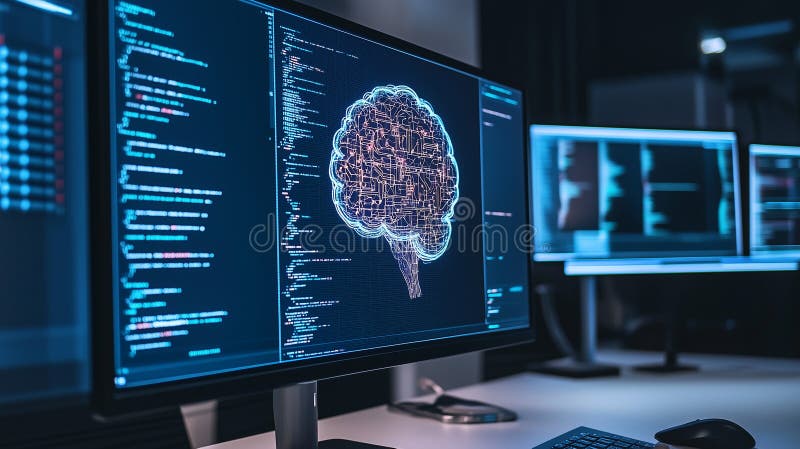 Digital Brain Circuitry Code on Modern Computer Screen Technology Abstract Artificial ...