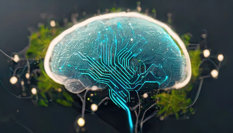 Digital Brain with Circuits Surrounded by Green Plants and Lights ...