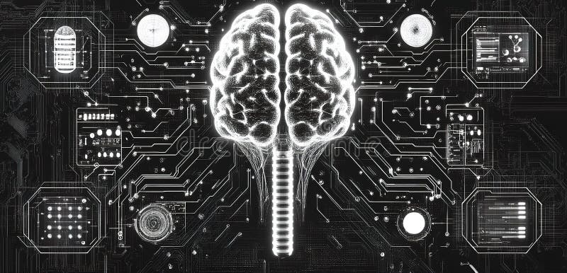 Digital Brain Concept with Circuits and Data Displays Illustrating ...