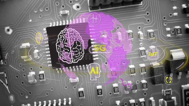 Digital Brain Concept Connecting Smart Chip with Tech Symbols. 3D ...