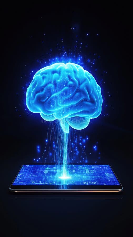 Digital Brain Concept Emerging from Tablet with Glowing Blue Neural ...