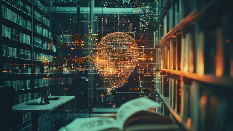 Digital Brain Concept in Futuristic Library with Data Overlay Stock ...