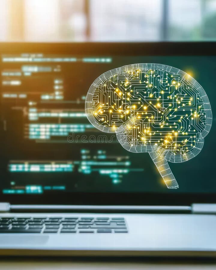 Digital Brain Concept on Laptop Displayed with Data Visualization Stock ...